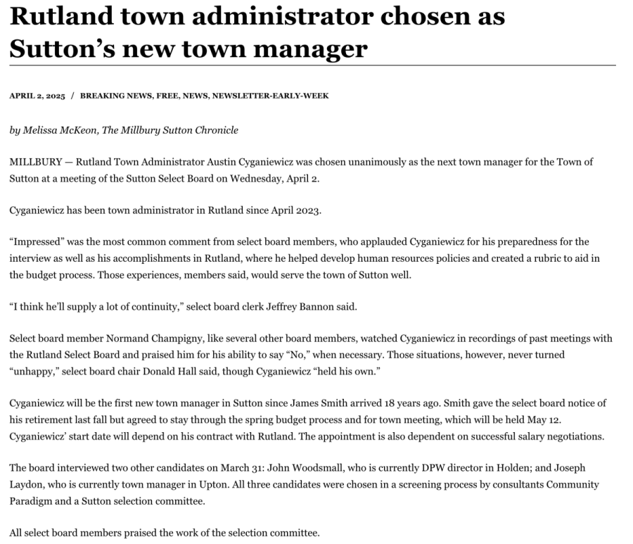 Rutland Town Administrator Cyganiewicz Chosen as Sutton's New Town ...
